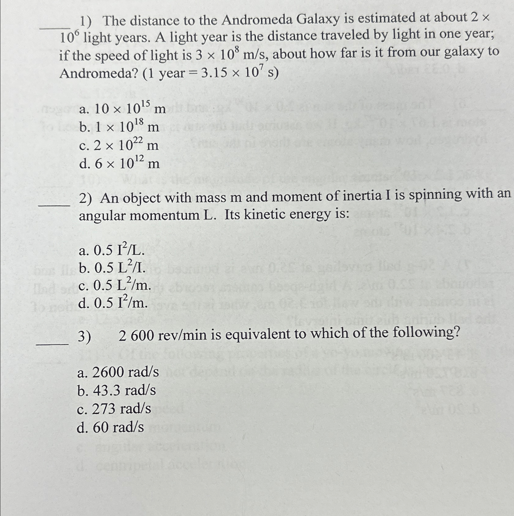Solved The distance to the Andromeda Galaxy is estimated at | Chegg.com