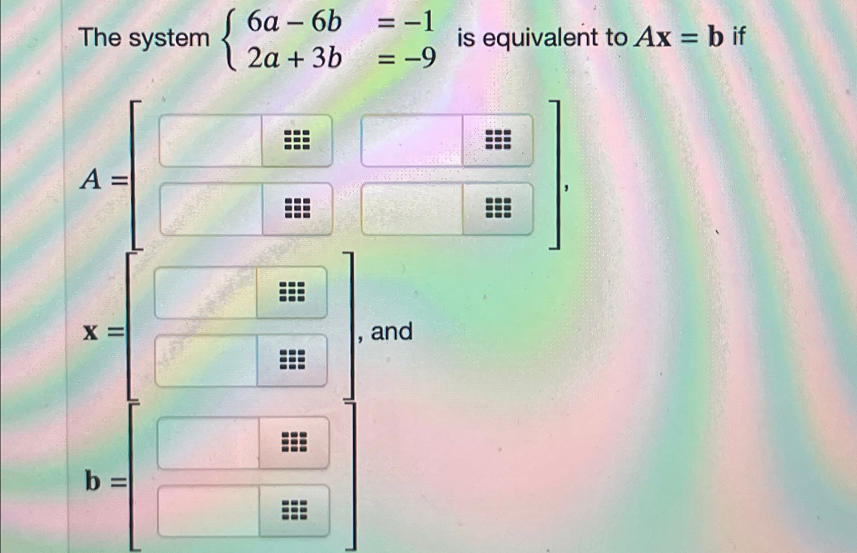 Solved The system 6a-6b=-12a+3b=-9 ﻿is equivalent to Ax=b | Chegg.com