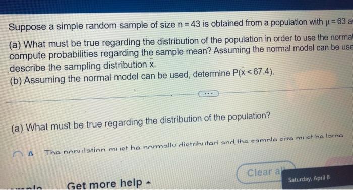 Suppose a simple random sample of size n=43 is | Chegg.com