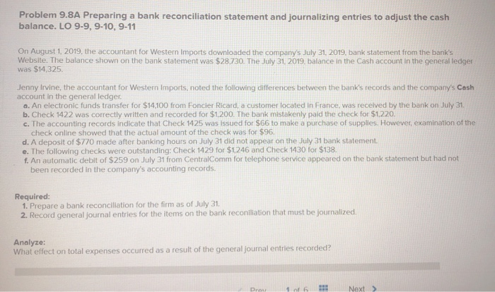 Solved Problem 9.8A Preparing a bank reconciliation | Chegg.com