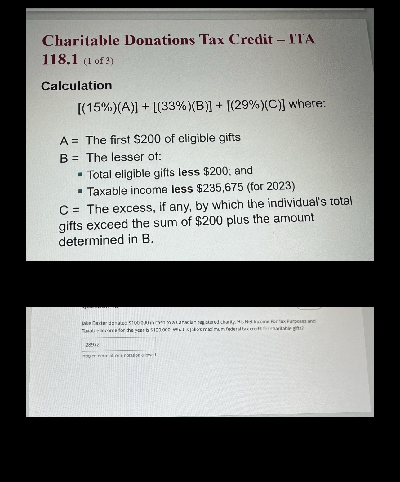 Solved Charitable Donations Tax Credit - ﻿ITA 118.1 (1 ﻿of | Chegg.com