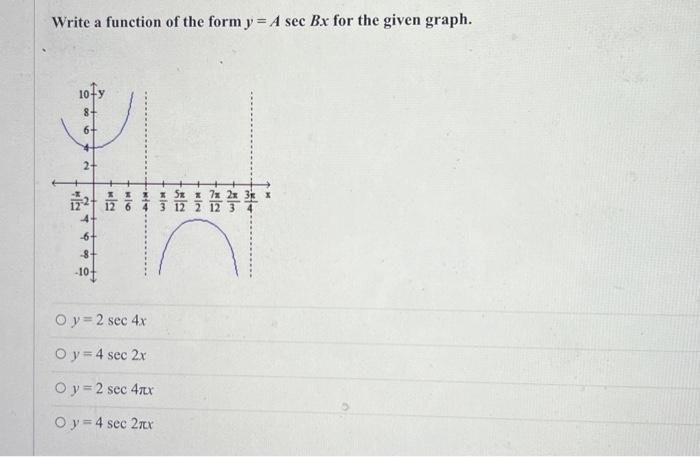 Solved Write a function of the form y=AsecBx for the given | Chegg.com