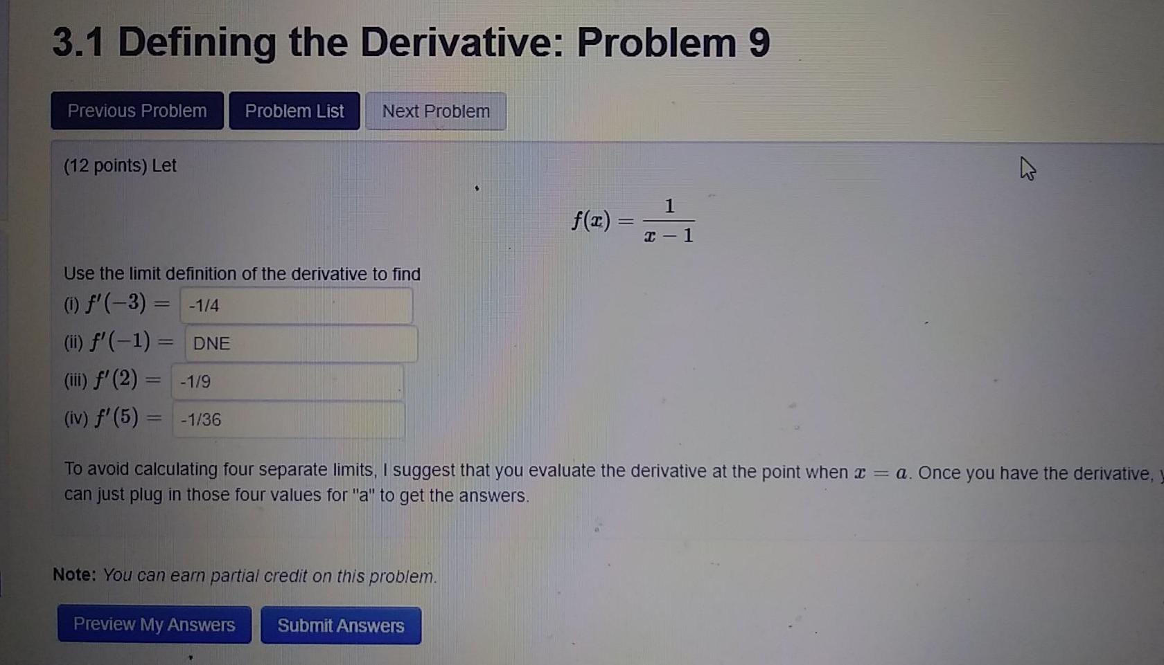 Solved 3.1 Defining the Derivative: Problem 9 Previous | Chegg.com