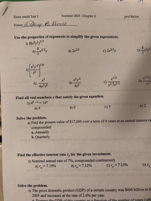 Solved Extra credit Test 3 Summer 2019 -Chapter 4 prof | Chegg.com