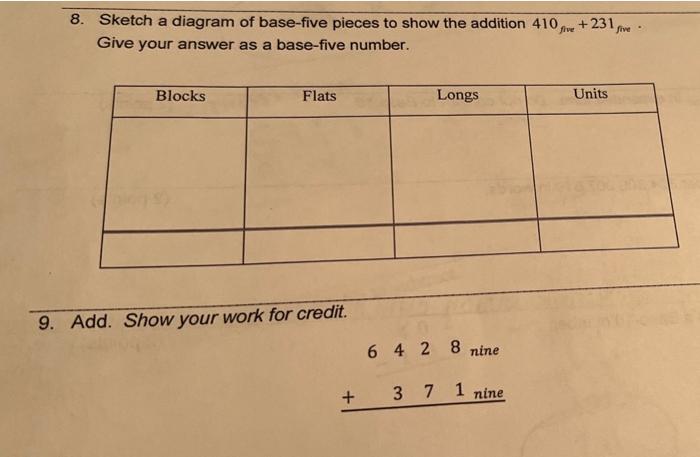 Solved 8. Sketch a diagram of base-five pieces to show the | Chegg.com