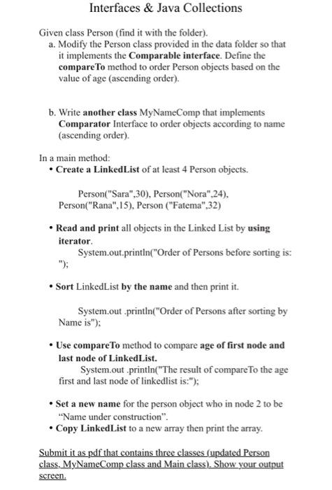 Solved Interfaces & Java Collections Given class Person | Chegg.com