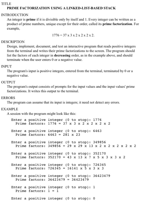 Solved TITLE PRIME FACTORIZATION USING A LINKED-LIST-BASED | Chegg.com