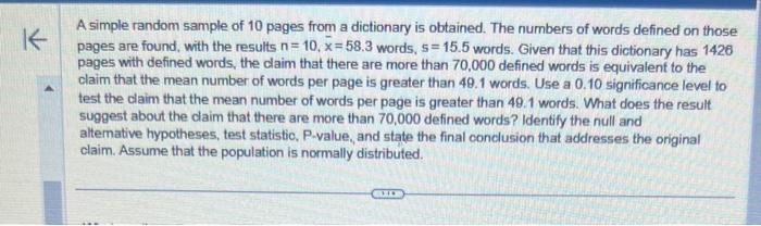 Solved A simple random sample of 10 pages from a dictionary | Chegg.com
