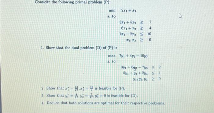 Solved Consider the following primal problem (P): min s. to | Chegg.com