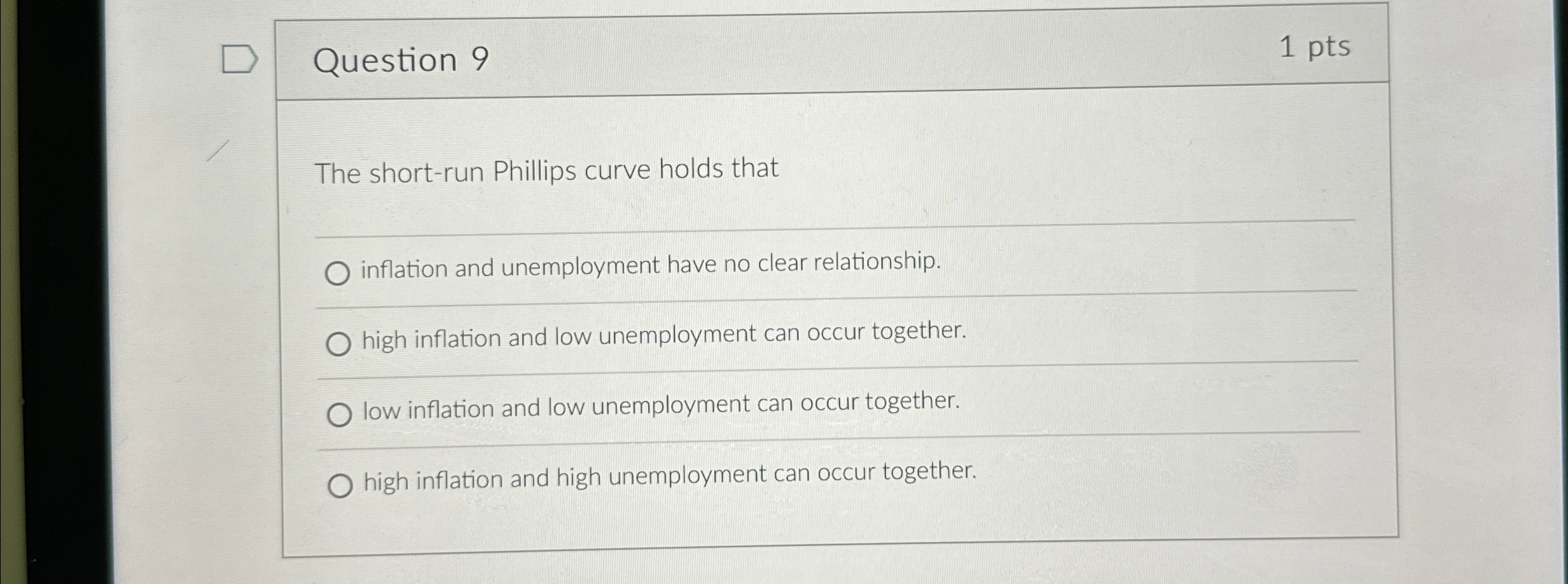Solved Question 91 ﻿ptsThe short-run Phillips curve holds | Chegg.com