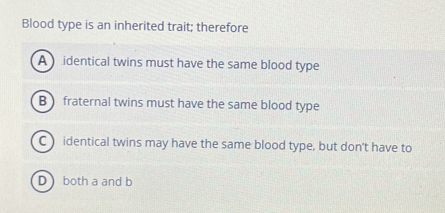 Solved Blood type is an inherited trait; thereforeidentical | Chegg.com