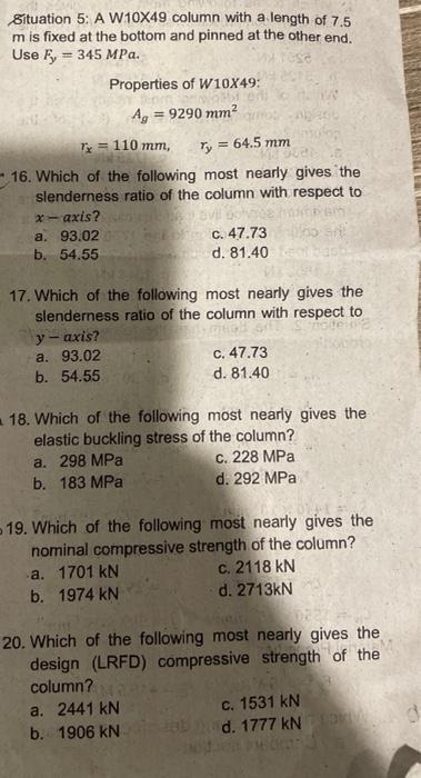 Solved Situation 5: A W10X49 column with a length of 7.5 m | Chegg.com