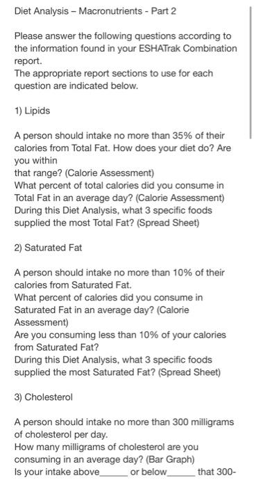 Solved Diet Analysis - Macronutrients - Part 2 Please answer | Chegg.com