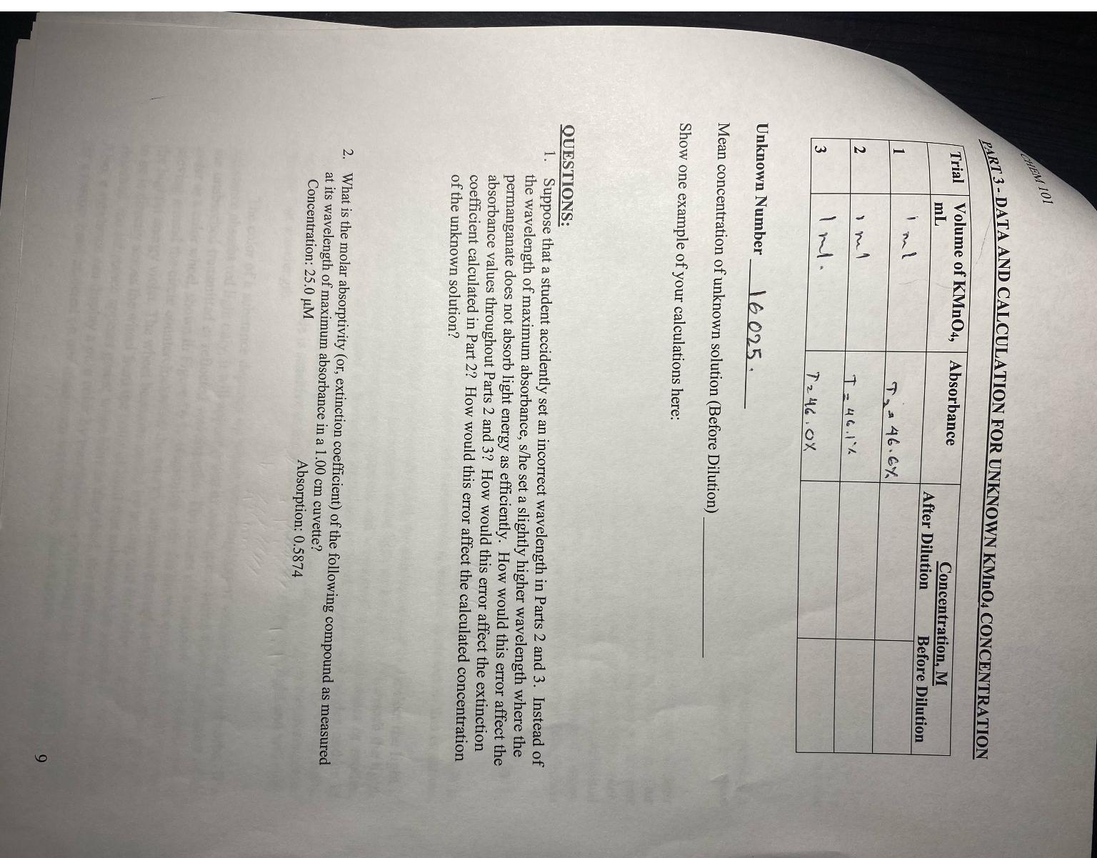 Solved PART 3 - ﻿DATA AND CALCULATION FOR UNKNOWN | Chegg.com