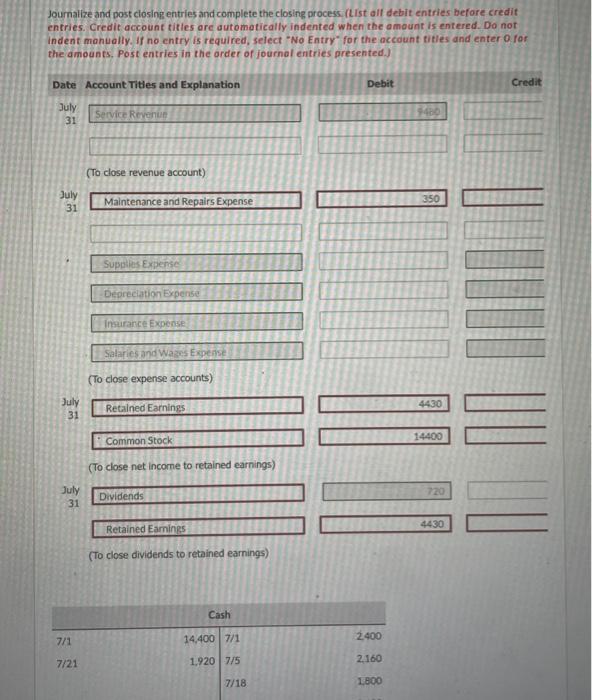 Journalize and post closing entries and complete the | Chegg.com