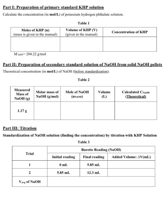 Part I: Preparation of primary standard KHP solution | Chegg.com