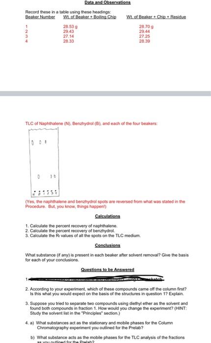 Dath and Observations TLC of Naphthalene (N), | Chegg.com