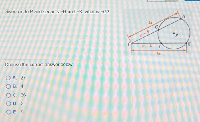 Solved Given circle P and secants FH and FK, what is FG? | Chegg.com