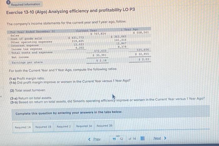 Required information Exercise 13-10 (Algo) Analyzing | Chegg.com