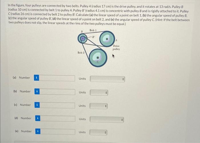 Solved In the figure, four pulleys are connected by two | Chegg.com