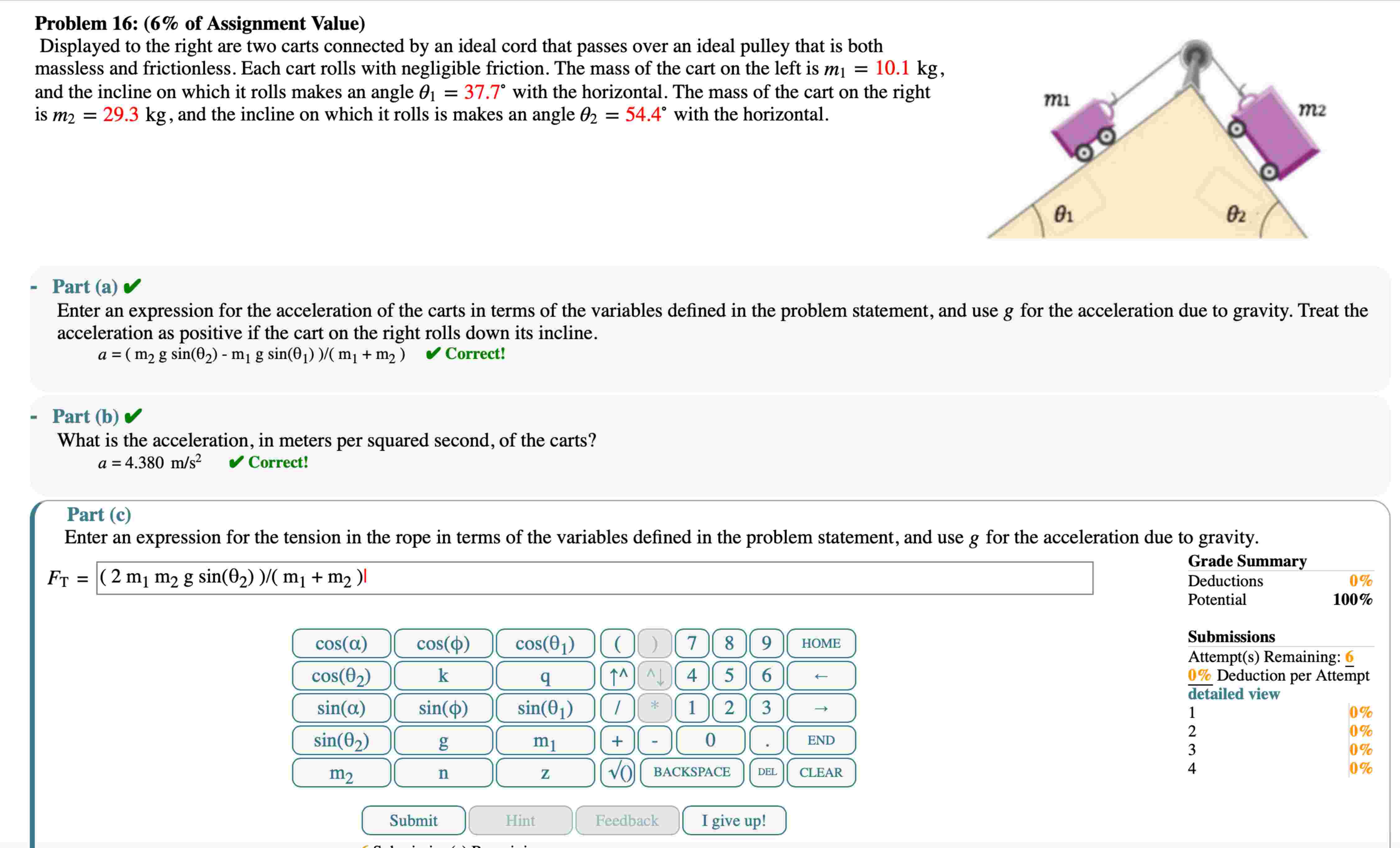 Solved Part (c)Enter an ﻿expression for the tension in ﻿the | Chegg.com