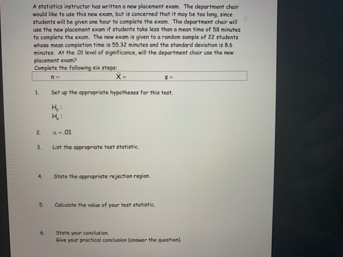 Solved A statistics instructor has written a new placement | Chegg.com