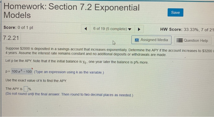 Solved Homework: Section 7.2 Exponential Models Save Score: | Chegg.com