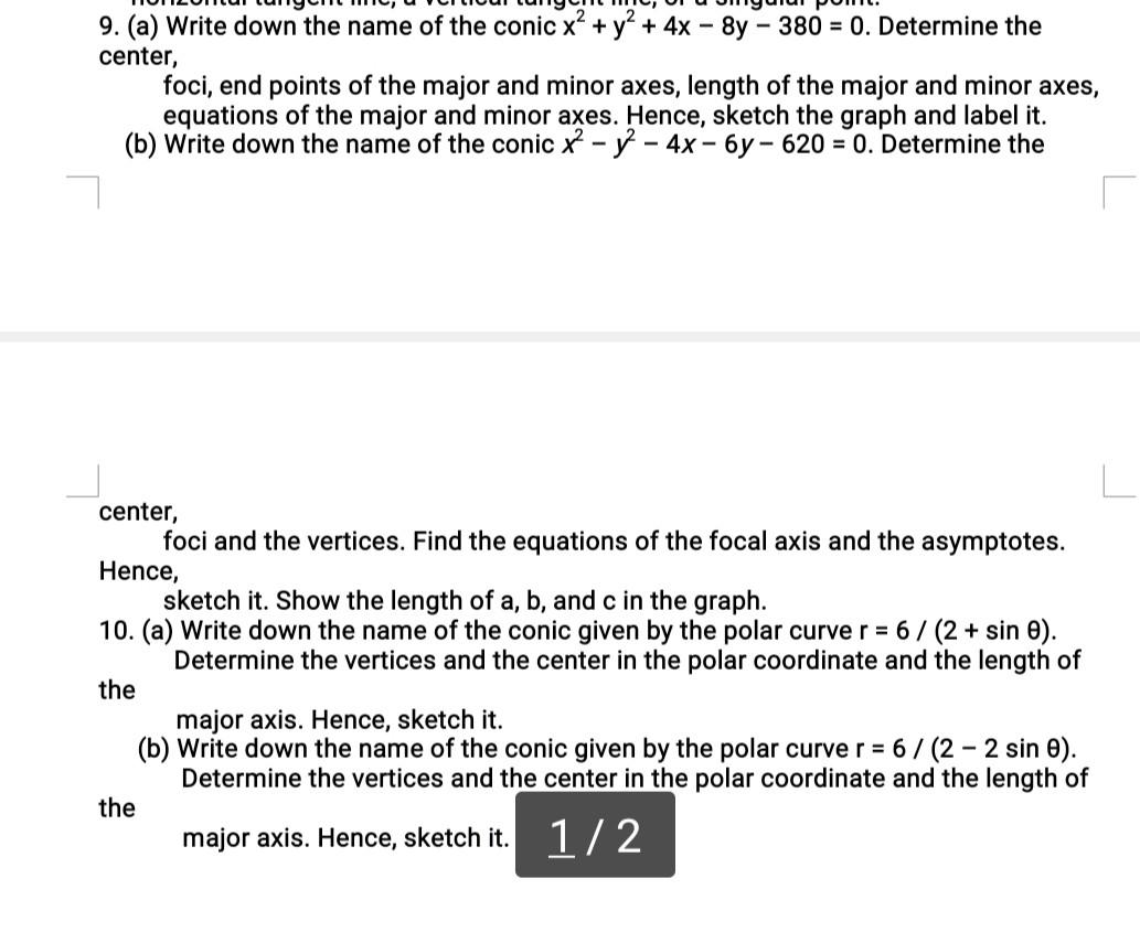Solved 9. (a) Write down the name of the conic | Chegg.com