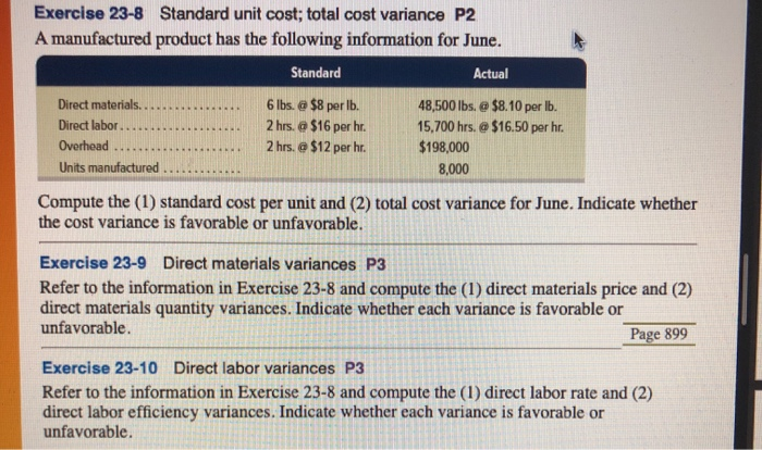 Solved Exercise 23-8 Standard unit cost; total cost variance | Chegg.com