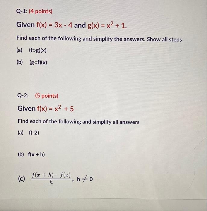 Solved Given F X 3x−4 And G X X2 1 Find Each Of The