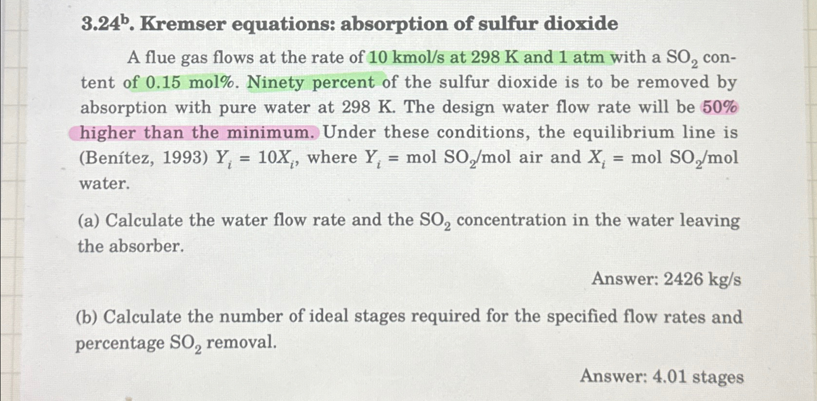 Solved 3.24b ﻿Kremser equations: absorption of sulfur | Chegg.com