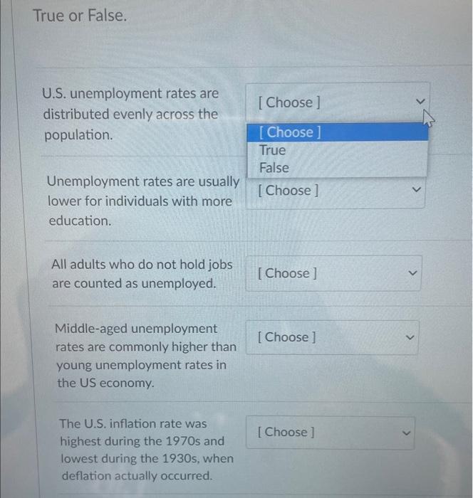 Solved True or False. U.S. unemployment rates are | Chegg.com