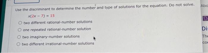 Solved Use the discriminant to determine the number and type | Chegg.com
