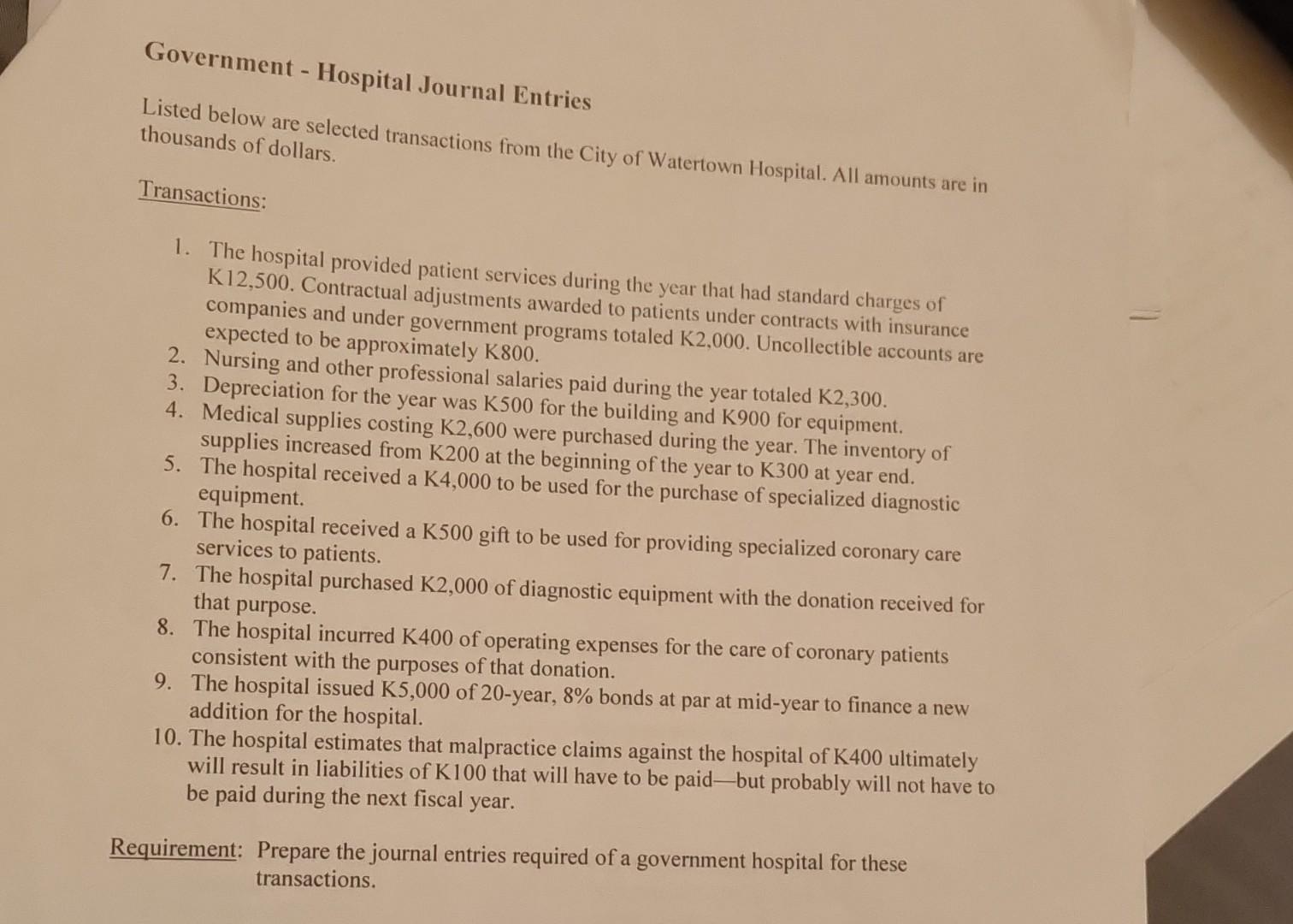 Solved Government - Hospital Journal Entries Listed below | Chegg.com