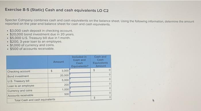 Solved Exercise 8-5 (Static) Cash and cash equivalents LO C2 | Chegg.com
