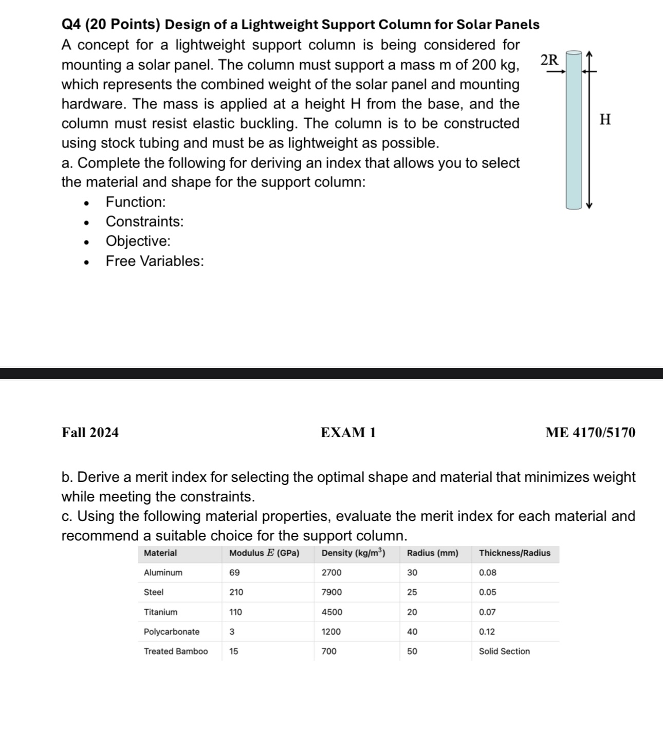 Solved Q4 (20 ﻿Points) ﻿Design of a Lightweight Support | Chegg.com