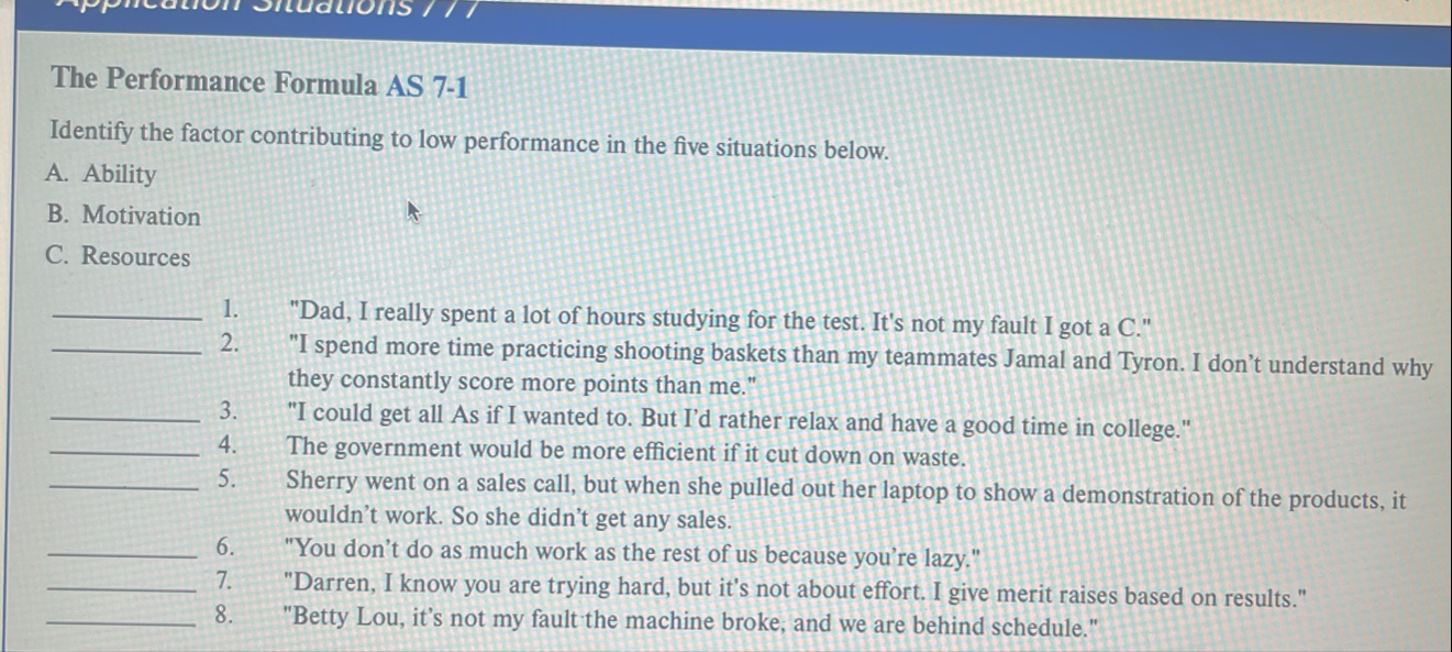 Solved The Performance Formula AS 7-1Identify the factor | Chegg.com