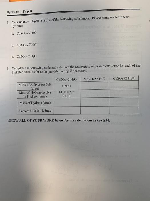 Solved Hydrates - Page 8 2. Your unknown hydrate is one of | Chegg.com