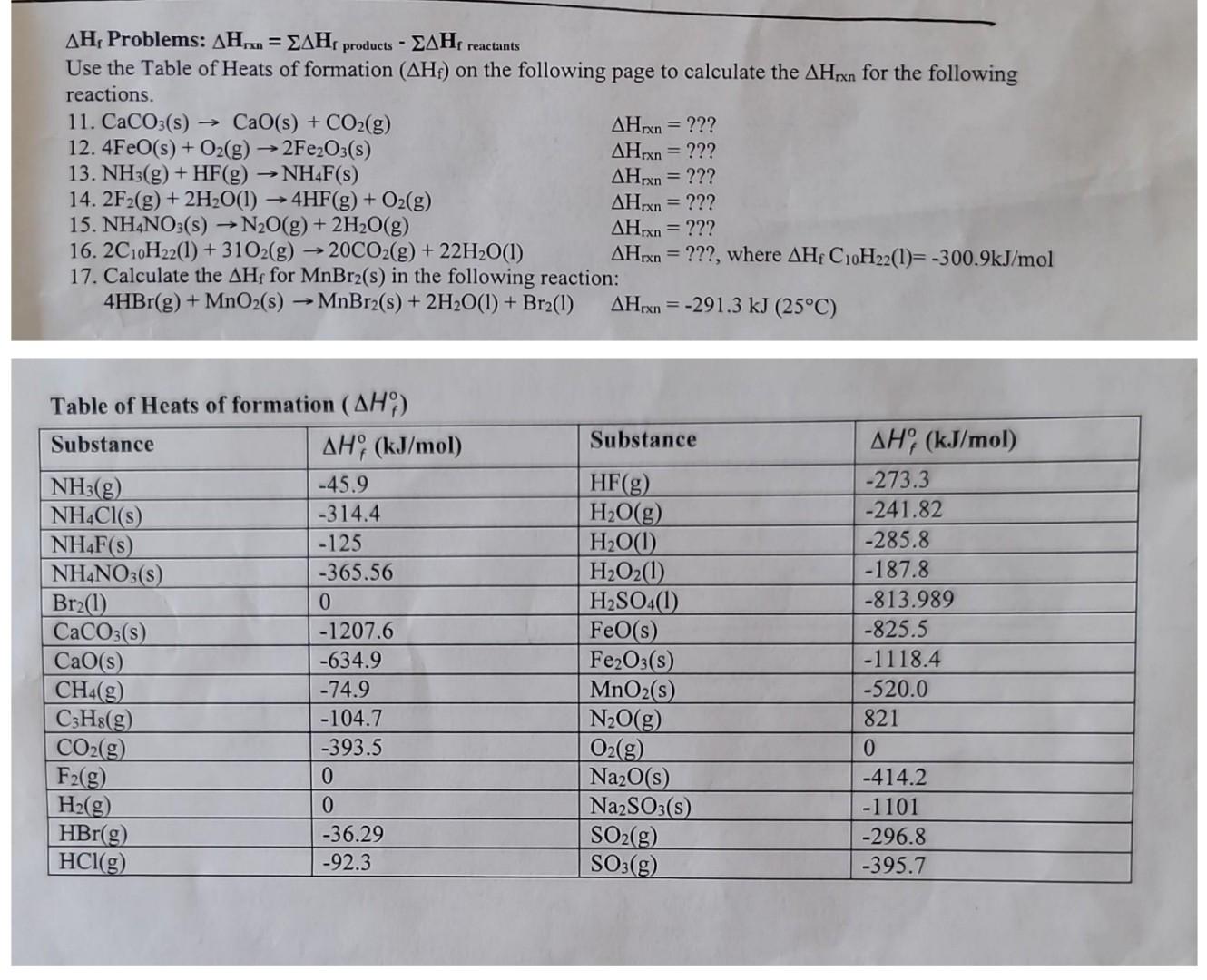Solved ΔHf Problems: ΔHrxn=ΣΔHf products −ΣΔHf reactants | Chegg.com