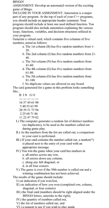 Solved BINGO! ASSIGNMENT: Develop an automated version of | Chegg.com