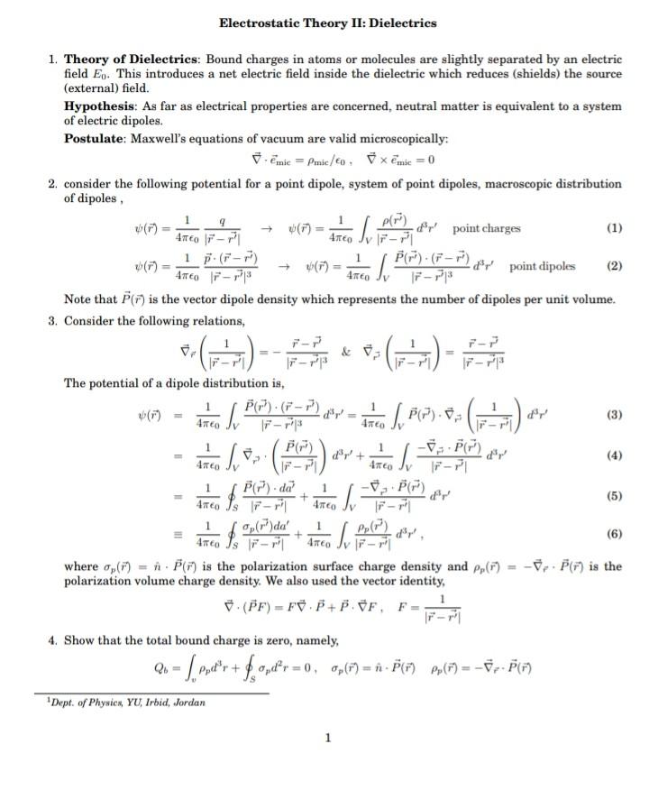 Solved Electrostatic Theory II: Dielectrics 1. Theory of | Chegg.com