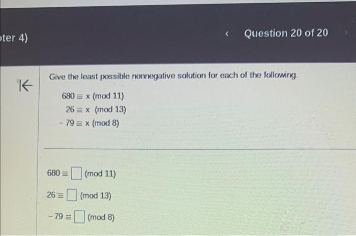 Solved Give the least possible nonnegative solution for each | Chegg.com