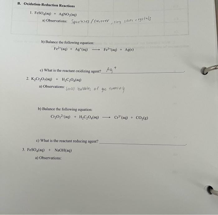 Solved B. Oxidation-Reduction Reactions 1. FeSO4(aq) + | Chegg.com