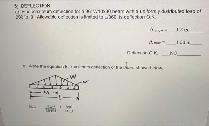 Solved 5) DEFLECTION a) Find maximum deflection for a 36' | Chegg.com