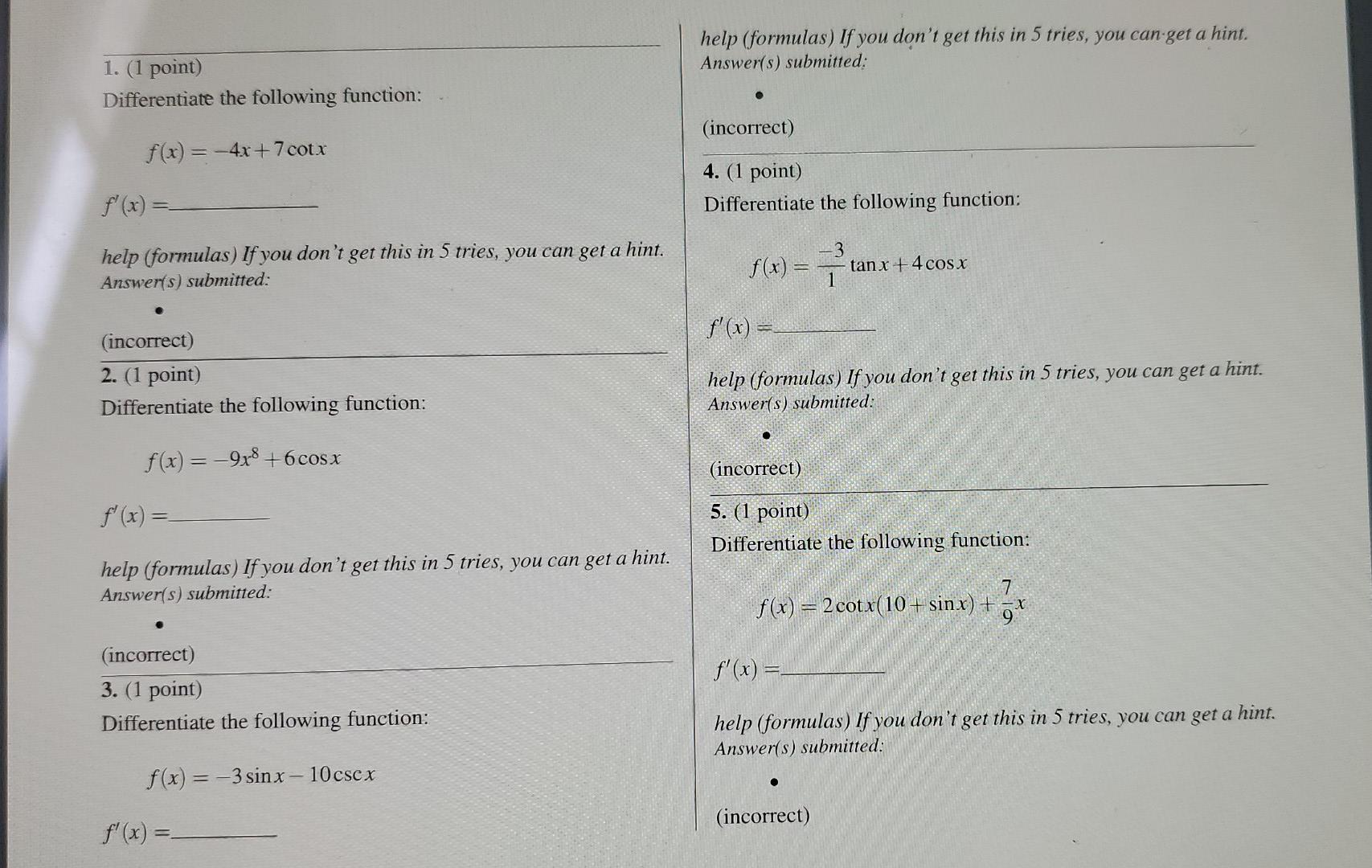 Solved 1. (1 point) Differentiate the following function: | Chegg.com