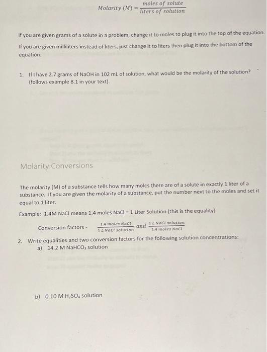 Solved moles of solute Molarity (M) = liters of solution If | Chegg.com
