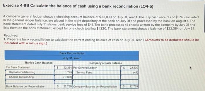 Solved Exercise 4-9B Calculate the balance of cash using a | Chegg.com