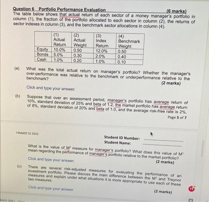 Solved Question 6 Portfolio Performance Evaluation The table | Chegg.com