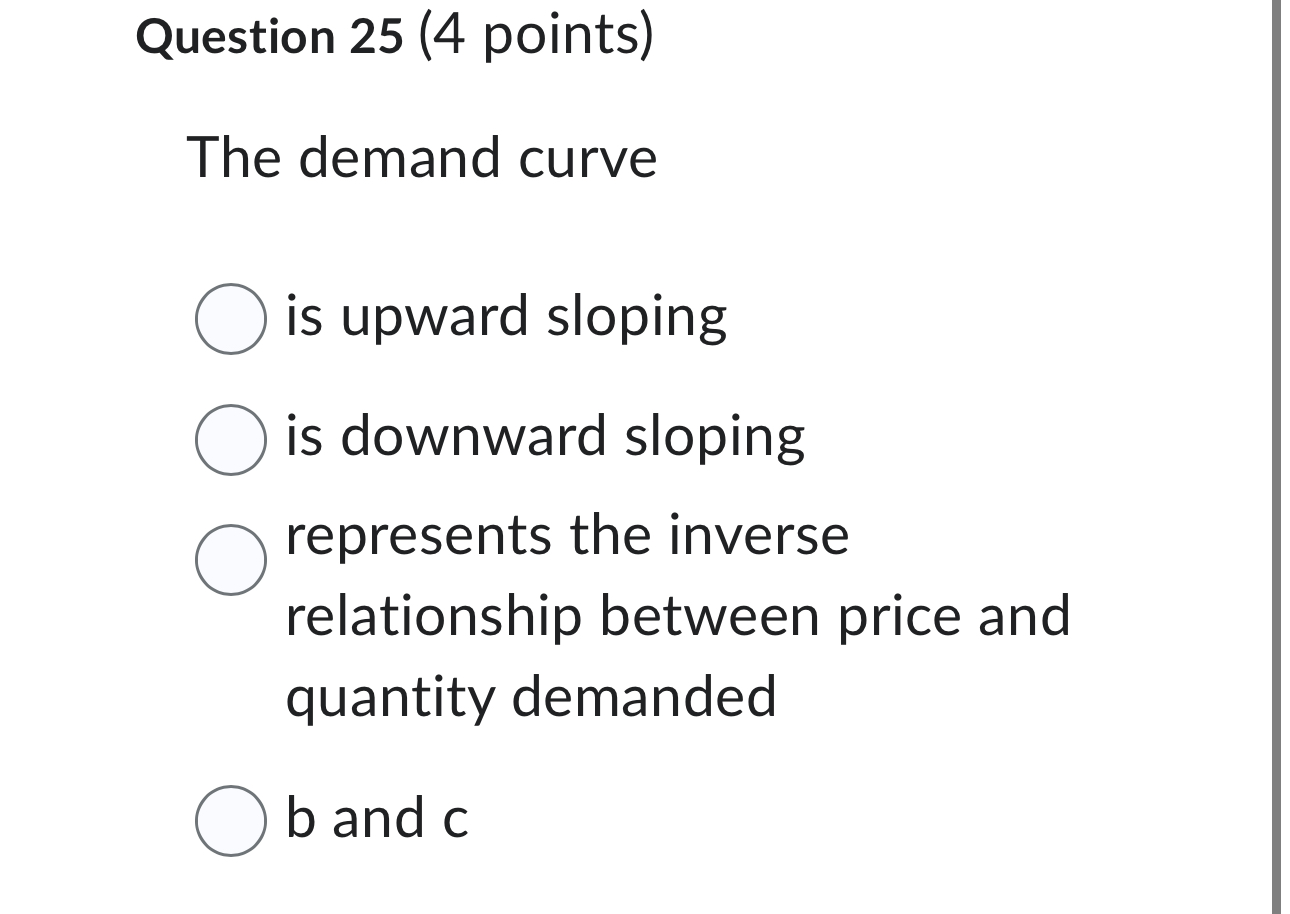 Solved Question 25 (4 ﻿points)The demand curveis upward | Chegg.com