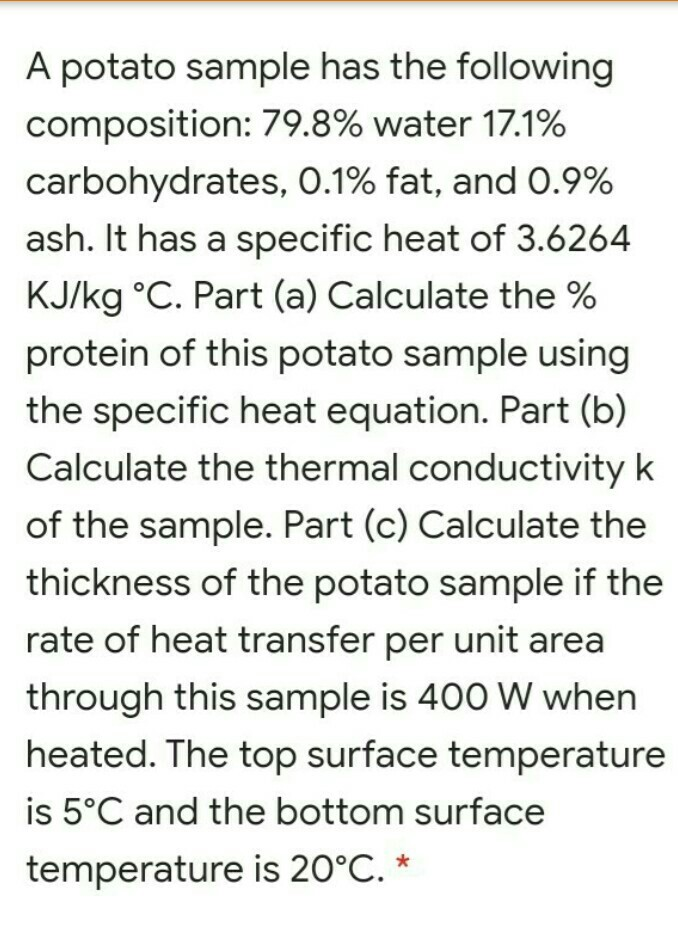 Solved A potato sample has the following composition: 79.8% | Chegg.com